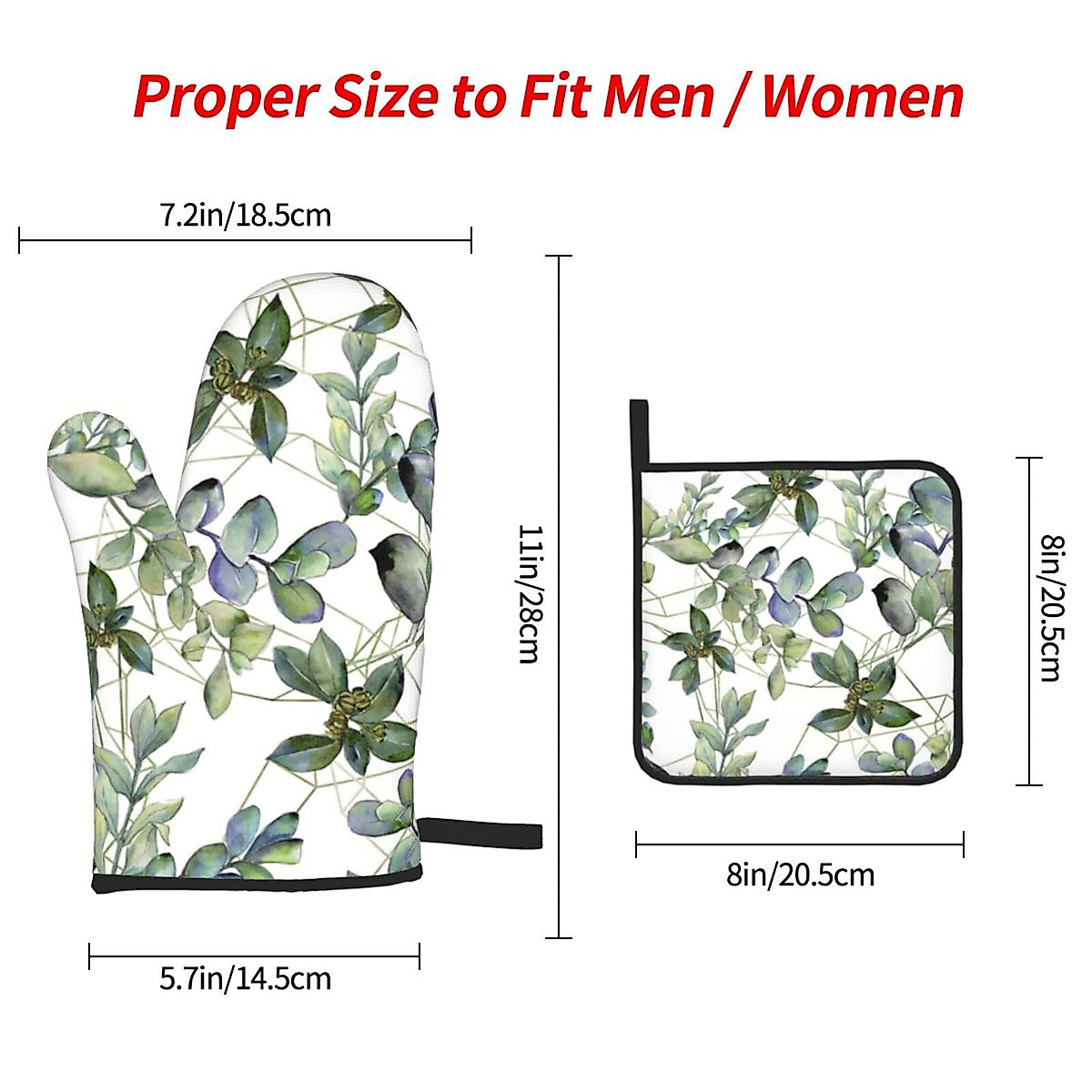 YILEQUAN Green Eucalyptus Leaves Print Oven Mitts and Pot Holders Sets,Kitchen Oven Glove High Heat Resistant 500 Degree Oven Mitts and Potholder,Surface Safe Baking, Cooking, BBQ,Pack 3 One Size