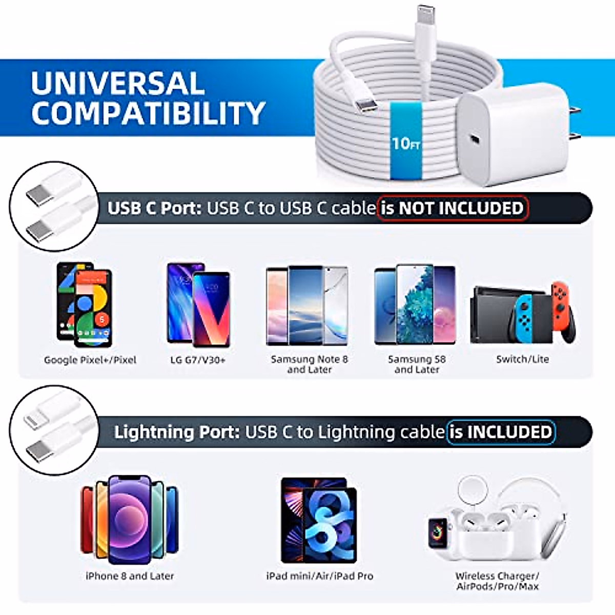 3-Pack iPhone 14 13 12 11 Fast Charger [Apple MFi Certified] 10FT iPhone Fast Charging 20W PD USB C Wall Charger Block USB C to Lightning Cable Fast Chargers for iPhone 14Pro/13Pro/12 Pro/11Pro/XS/XR