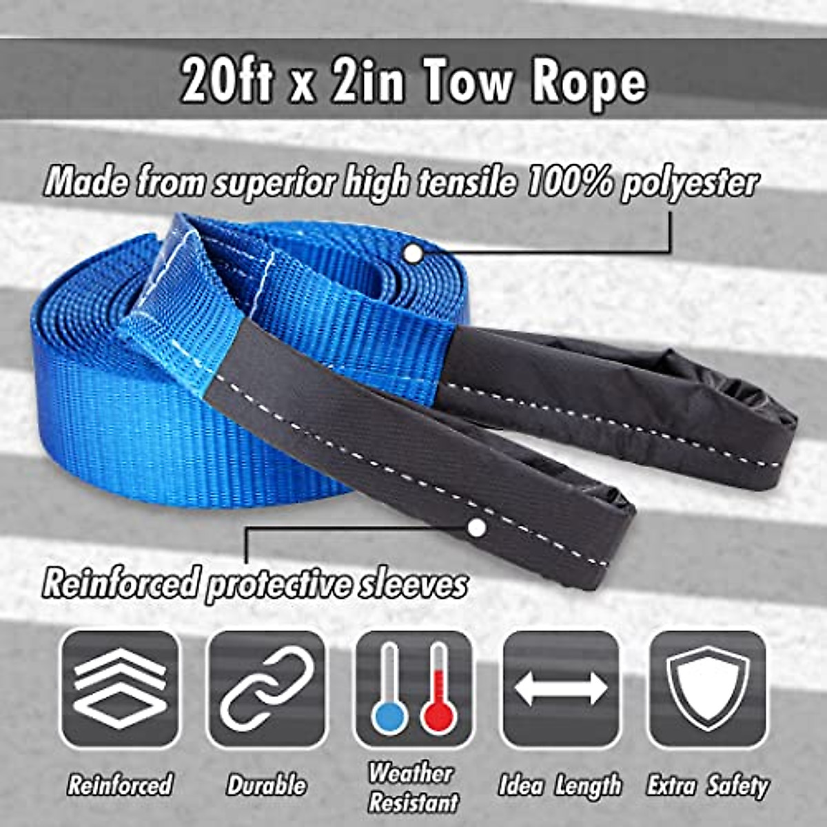 Cartman 2" x 20' Tow Belt Heavy Duty 10,000Lbs Tow Strap Off Road Towing Rope with Reinforced Loops for Recovery Vehicles