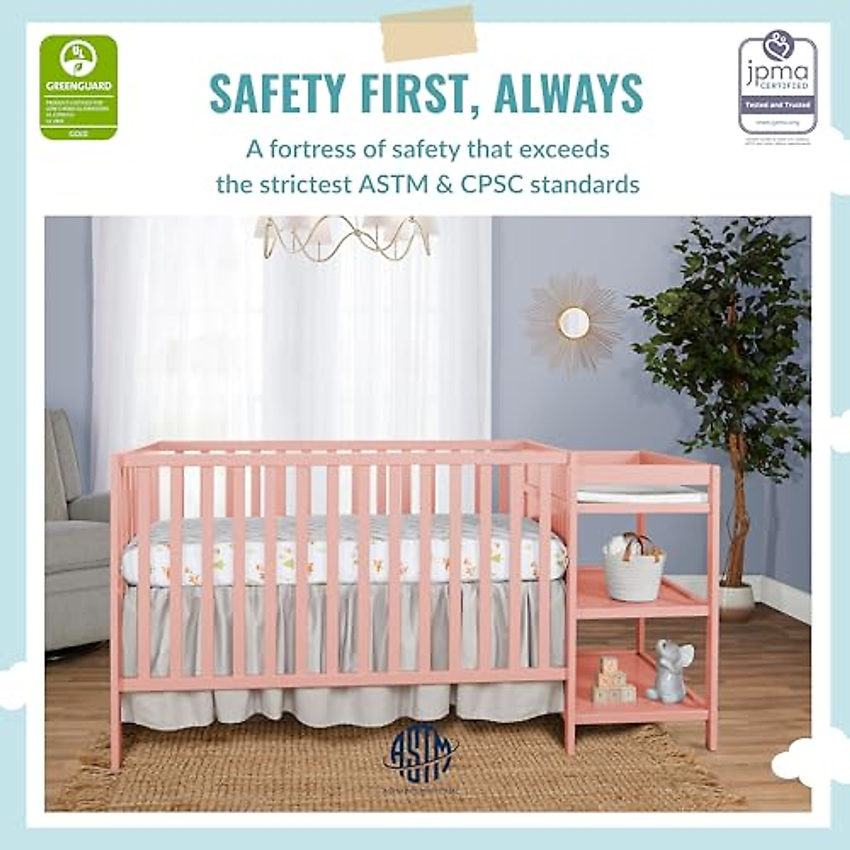 Dream On Me Synergy Convertible Crib and Changer in Dusty Pink with Detachable Changing Table, JPMA Certified, 1” Changing pad
