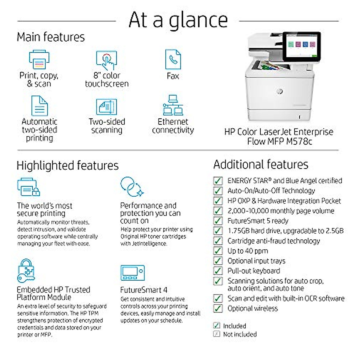 HP Color LaserJet Enterprise Flow Multifunction M578c Duplex Printer with Stapler (7ZU87A)