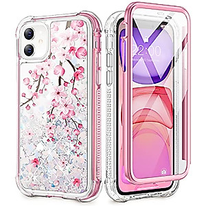 Caka Case for iPhone 11 Glitter Case Flower Bling Liquid Protective Full Body Heavy Duty with Built in Screen Protector Love Glitter Pink Blossom for Women Girl Case for iPhone 11 (6.1 inch)(Cherry)
