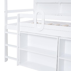 Harper & Bright Designs Twin Size House Loft Bed with Multiple Storage Shelves,Wood Kids Loft Bed with Storage,Twin Playhouse Bed for Boys, Girls, White