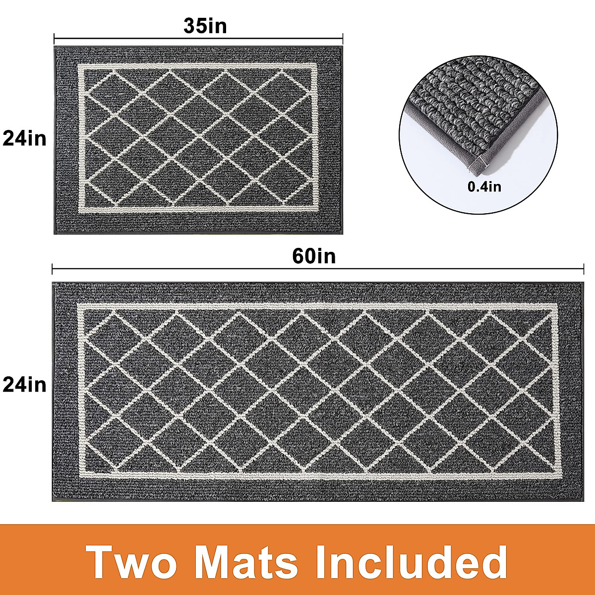BEQHAUSE-Kitchen-Rugs-Non-Slip-Kitchen-Mats-for-Floor Machine Washable Kitchen Mats 2 Pieces Grey Kitchen Runner Carpet with TPR Backing 24x35inch/24x60inch