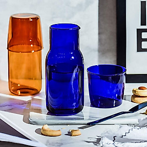 DOITOOL 1 Set Bedside Water Carafe Glass Set, Nightstand carafe with Tumbler Glass Set, Glass Mouthwash Bottle for Bathroom(Blue)