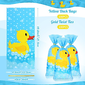 100 Pieces Yellow Duck Cellophane Treat Bags Duck Candy Bags Goodie Bags Birthday Party Favors Bags with 100 Pieces Gold Twist Ties for Baby Shower Birthday Rubber Duck Party Favors Decorations