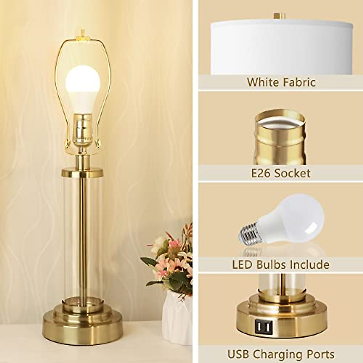 QiMH Modern Nightstand Table Lamps, Fabric Lampshade, Touch Control, 3-Way Dimmable with Dual USB Ports for Bedrooms, Bedside, Living Room, Set of 2 (LED Bulbs Included)