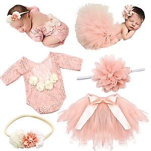 SPOKKI 4 PCS Newborn Photography Props Outfits-BabyTutu Skirt Cute Bow Headdress and Lace Rompers Flower Headband Sets for Infants Girl Boy