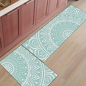 IDOWMAT 2 Pieces Non-Slip Microfiber Kitchen Rugs, Washable Dirt-Proof Mat Kitchen, Light Teal Mandala Pattern Kitchen Rugs and Mats Sets, Soft Absorbent Kitchen Floor Mats (15.7"x23.6"+15.7"x47.2")