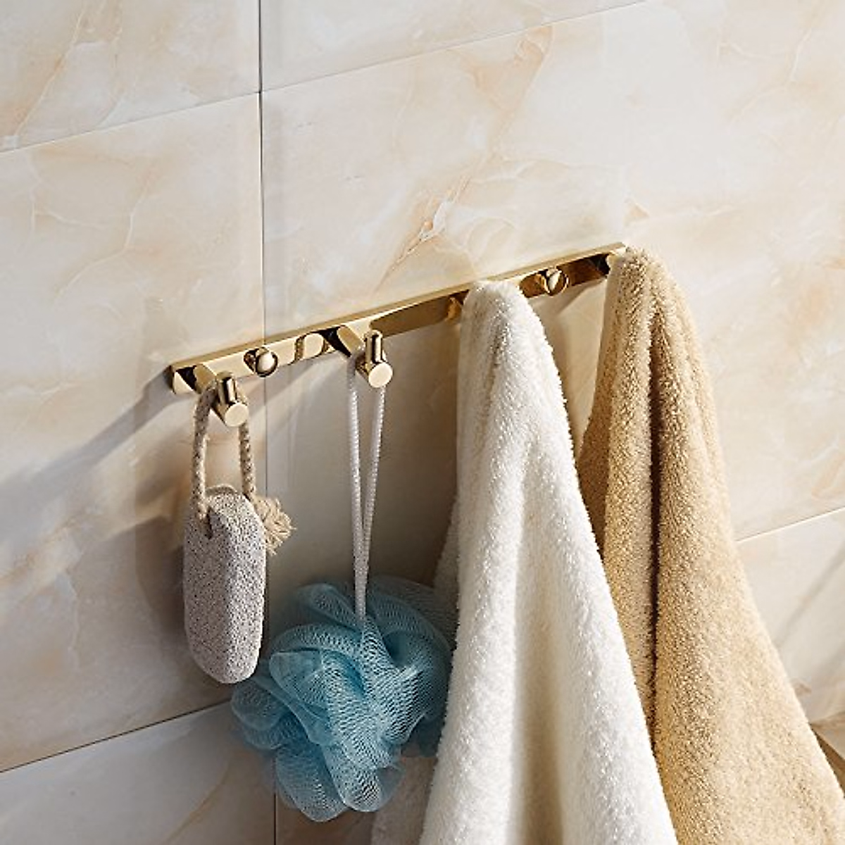 Beelee Brass Towel Hook Rail/Rack with 4 Hooks Wall Mount Entryway Storage Organizer, Polished Gold