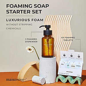 MaisoNovo 14 oz Amber Glass Foaming Soap Dispenser with Black Pump + Mixed 4 Pack Foaming Hand Soap Refill Tablets