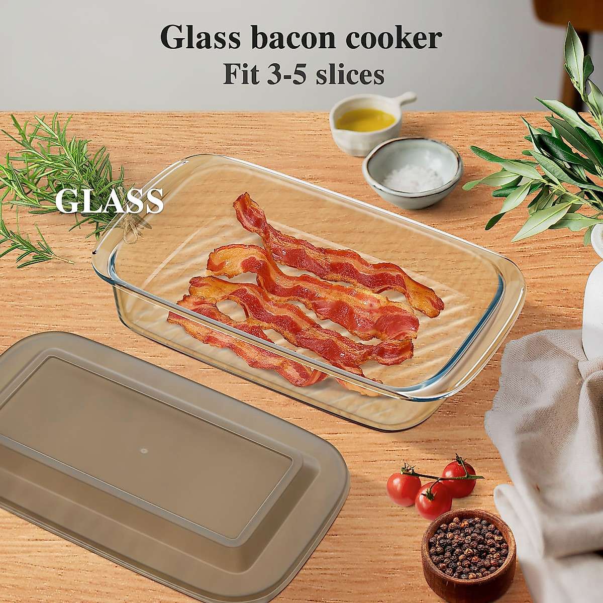 Microwave Bacon Cooker with Cover，Glass Airtight Bacon Container Keep for Refrigerator BPA Free Dishwasher and Microwave Oven Safe Refrigerator Organizers and Storage for Cheese lunchmeat Pizza Cooker