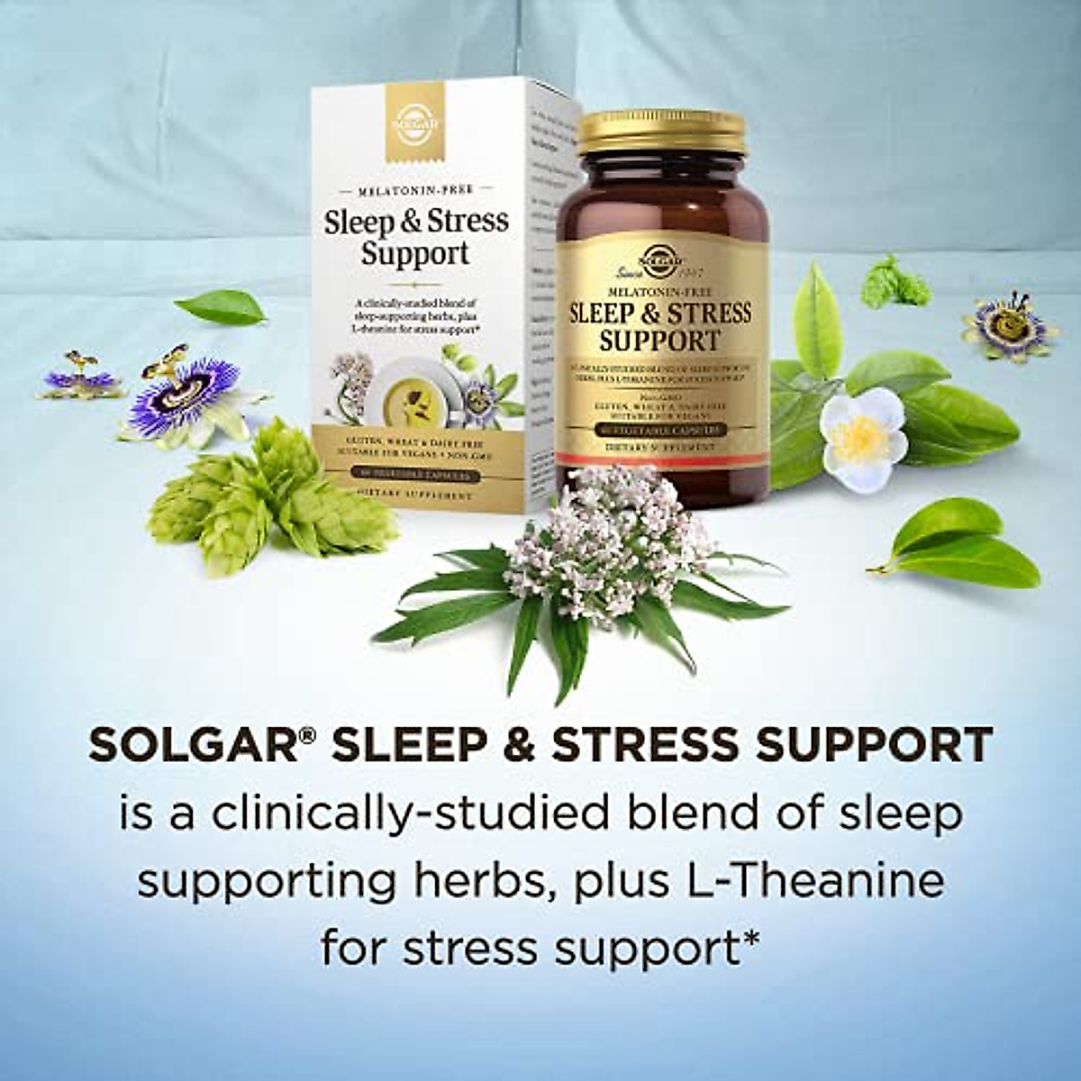 Solgar Sleep & Stress Support, Vegetable Capsules, Melatonin Free, Helps Relax, Calm You, Fall Asleep Quickly, Improve Sleep Quality with Valerian, Passionflower, Hops, Non-GMO, 15 Servings, 30 Count