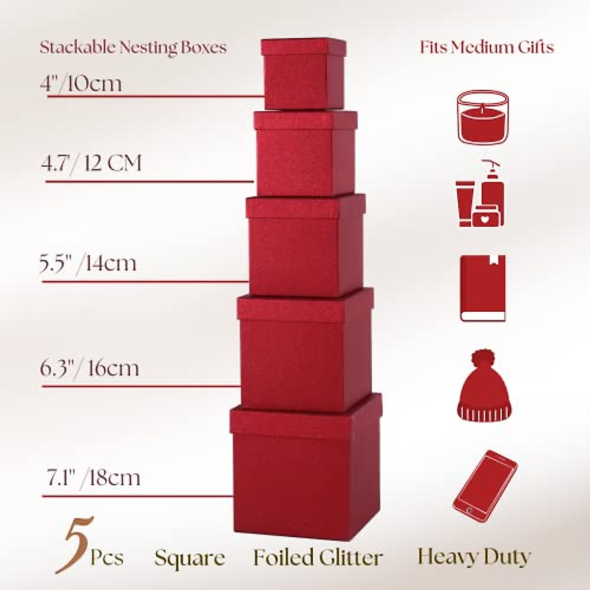 UNIQOOO 5Pcs Red Glitter Christmas Gift Box Set with Lid, Assorted Size, Square Nested Wedding Keepsake Boxes, Holiday Paper Box Tower Organizer For Birthday Party, Mother's Day Gift Wrap Packaging