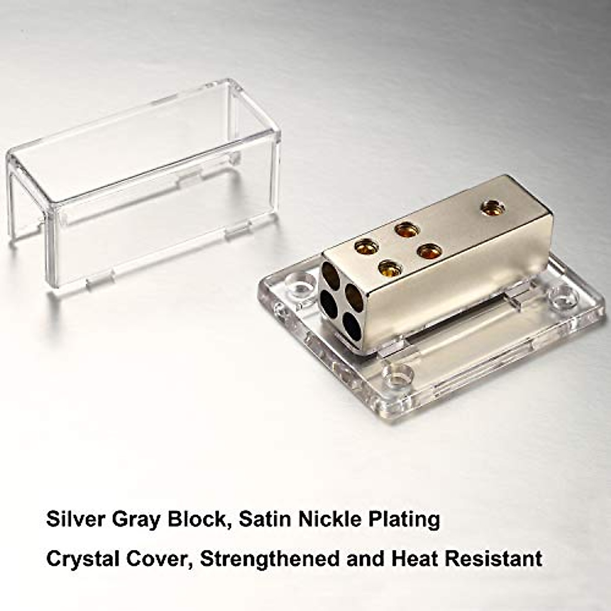 Freajoin 4/8/10 AWG Gauge Power Distribution Block 4 Gauge in - ( 4 ) 8/10 Gauge Out, Satin Nickle Plated Internal Material and High-Strength Clear Housing