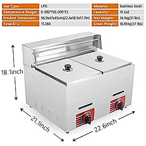 Commercial LPG Gas Deep Fryer with 10L*2 Basket and Lid Stainless Steel Countertop Propane-LPG GF-72 Propane (LPG) W/Metal Tube Home Kitchen