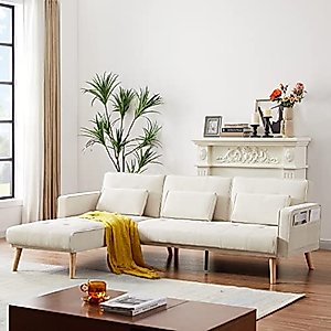 L-Shaped Sofa Bed, 94 Inch Sectional Sofa Corner Couch Sleeper w/Lounge Chaise and Side Pocket for Living Room (Left Side Lounger)