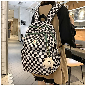 MININAI Cute Checkered Backpack Fit 15.6 Inch Laptop Checkerboard Light Academia Aesthetic Kawaii Preppy Y2k Backpack (Black,One Size)