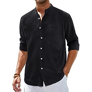 Alimens & Gentle Men's Cotton Linen Shirts Long Sleeve Button Down Shirt Band Collar Beach Shirts Black