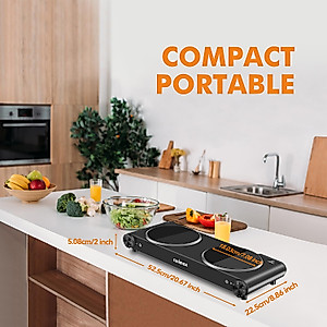 CUSIMAX Double Burner, 1800W Electric Burner Ceramic Hot Plate for Cooking, Dual Control Infrared Burner, Glass Plate Electric Cooktop, Stainless Steel-Upgraded Version