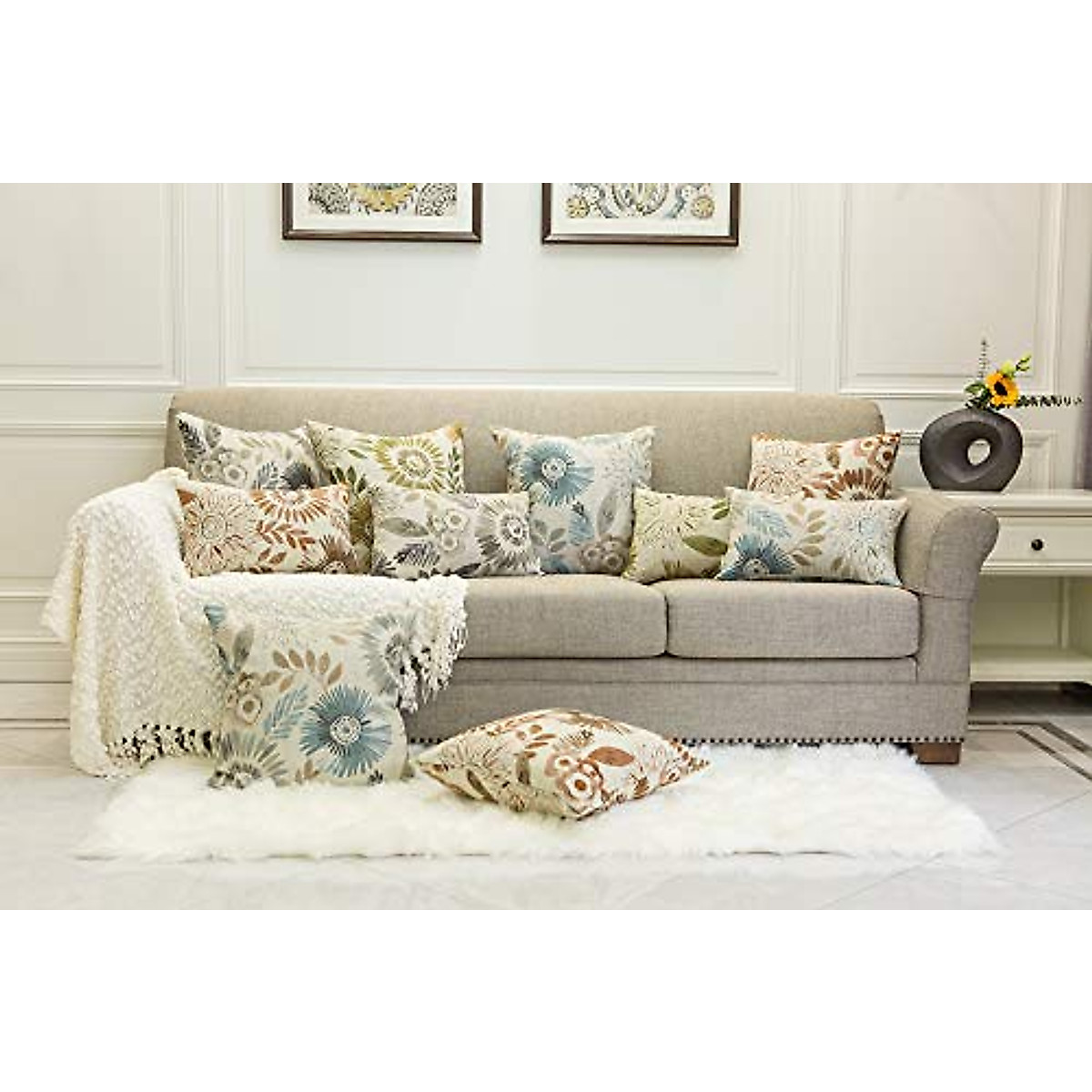 Mika Home Pack of 2 Throw Pillow Covers Decorative Pillow Cases for Sofa Couch Bed,Sunflower Pattern,22x22 Inches,Blue Cream