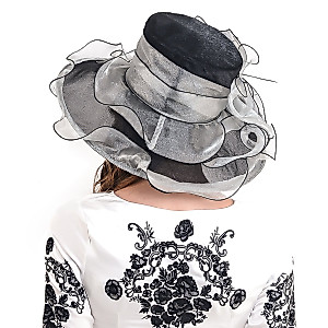 Ladies Kentucky Derby Church Hat Wide Brim Leaf Flower Bridal Dress Hat s037, Black&grey, Medium