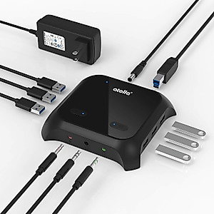 atolla USB Hub, USB 3.0 Hub with Headphone Stand, Powered USB Hub with 3 USB 3.0 Ports and 3 USB Charging Ports, 3.5mm AUX Ports with On/Off Switches, and 12V/2.5A Power Adapter