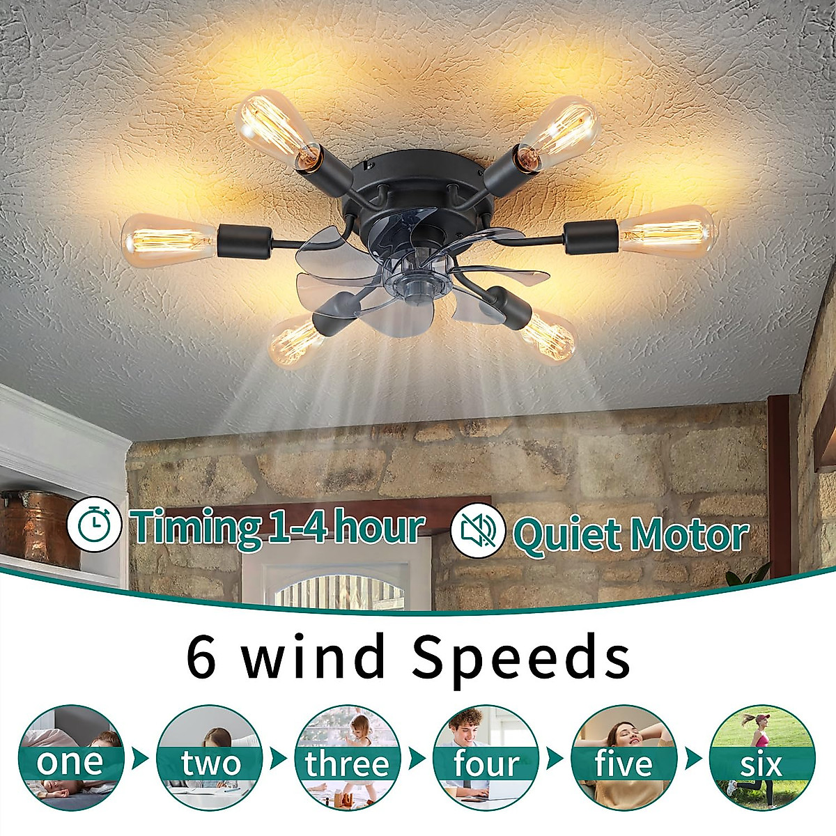 SIJINCHEN Modern Ceiling Fans with Lights Remote Control, Black Industrial Ceiling Fan with Dimmable Light, Low Profile Semi Flush Mount Ceiling Fan for Kitchen Bedroom Living Room, 6 light E26 Base