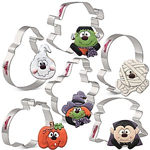 LILIAO Halloween Cookie Cutter Set - 6 Piece - Male Zombie, Female Zombie, Ghost Face, Mummy, Vampire and Pumpkin Fondant Biscuit Cutters - Stainless Steel