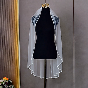 DIMNIE Wedding Veil for Brides Handmade Beaded Bridal Veil 1 Tier Fingertip Length Veil with Comb (off white-Fingertip Length:39.37IN)