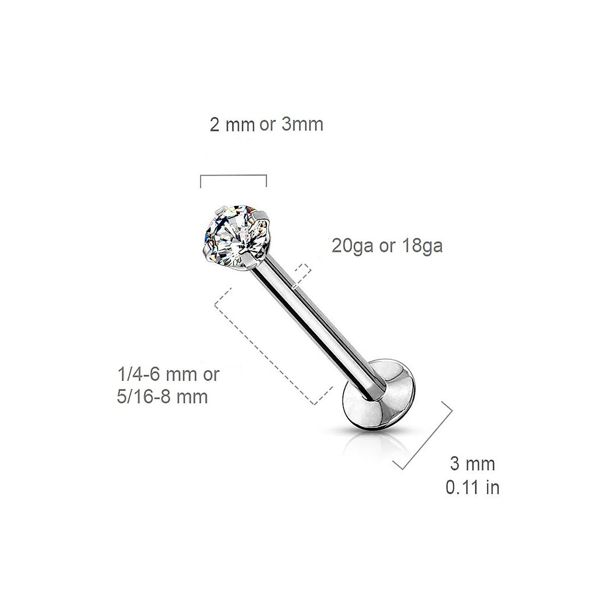 20G Push In Labret Monroe Surgical Steel Black Labret Studs with 2mm CZ Prong Set Press Fit Threadless Top and Flat Back 1/4-6mm