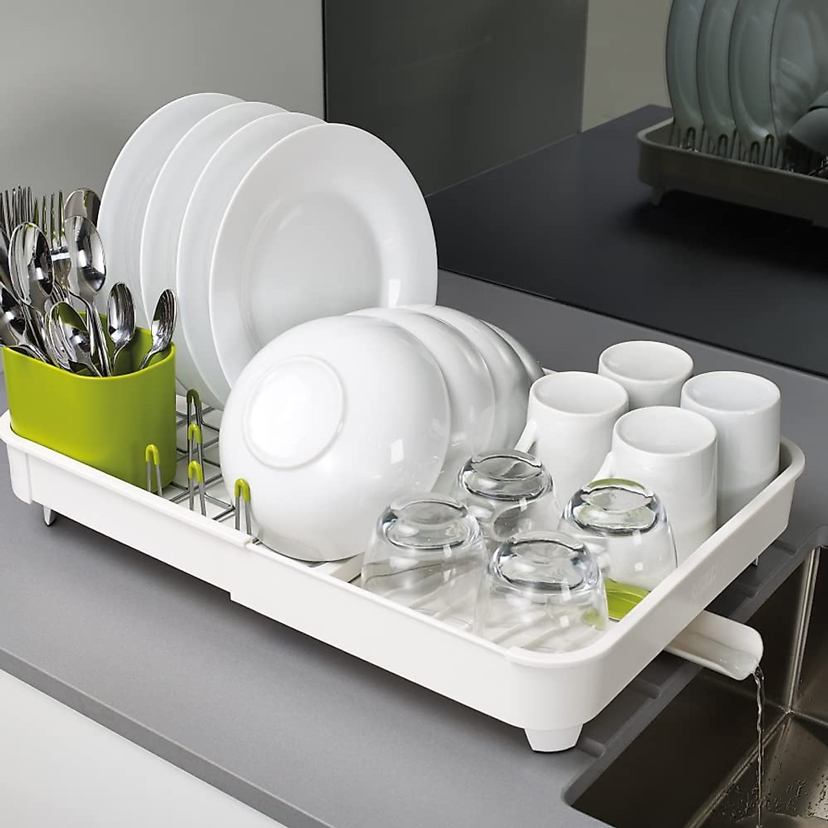 Joseph Joseph 85071 Extend Expandable Dish Drying Rack and Drainboard Set Foldaway Integrated Spout Drainer Removable Steel Rack and Cutlery Holder, White,White/Green - Plastic