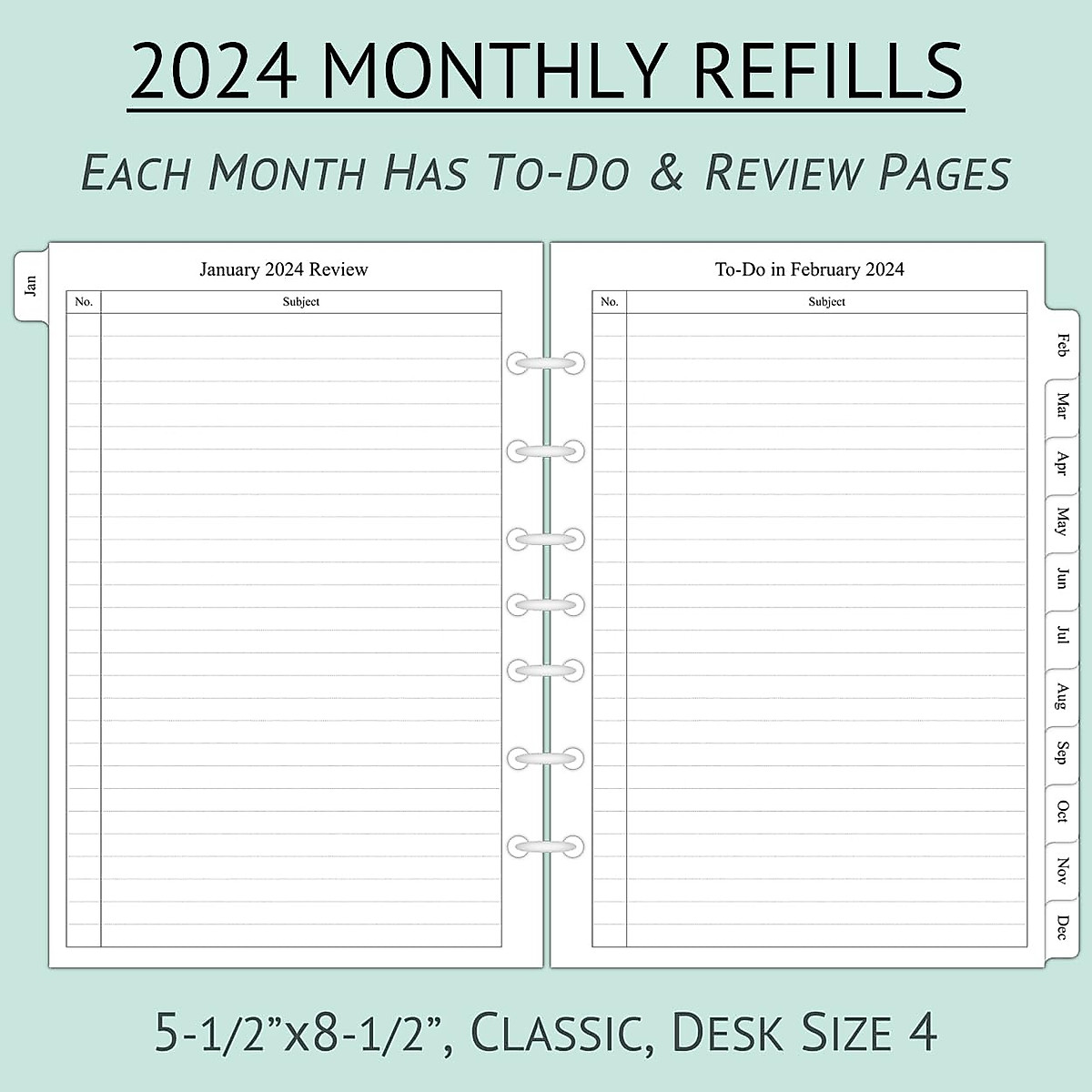 2024 Monthly Planner Refill 5-1/2" x 8-1/2", Runs from January 2024 to December 2024, Two Pages Per Month, Desk Size 4, 7-Hole Punched