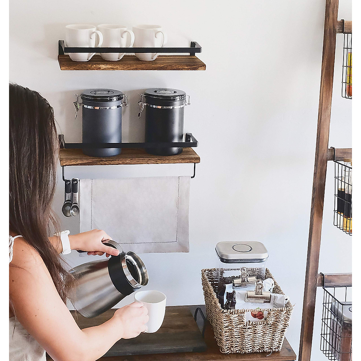 Peter's Goods Rustic Floating Wall Shelves with Rails - Decorative Storage for Kitchen, Bathroom, and Bedroom - Elegant, Modern Shelving - Torched Paulownia Wood, Matte Black Metal Frame - Set of 2