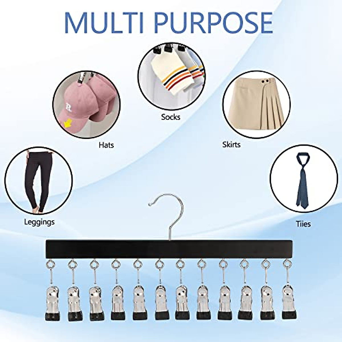 CINPIUK Legging Organizer for Closet, Wooden Hangers with Clips Holds 12 Leggings/Yoga Pants/Jeans/Skirts, Hanging Pants Hangers w/Rubber Coated Clips Space Saving Closet Organizer, Black