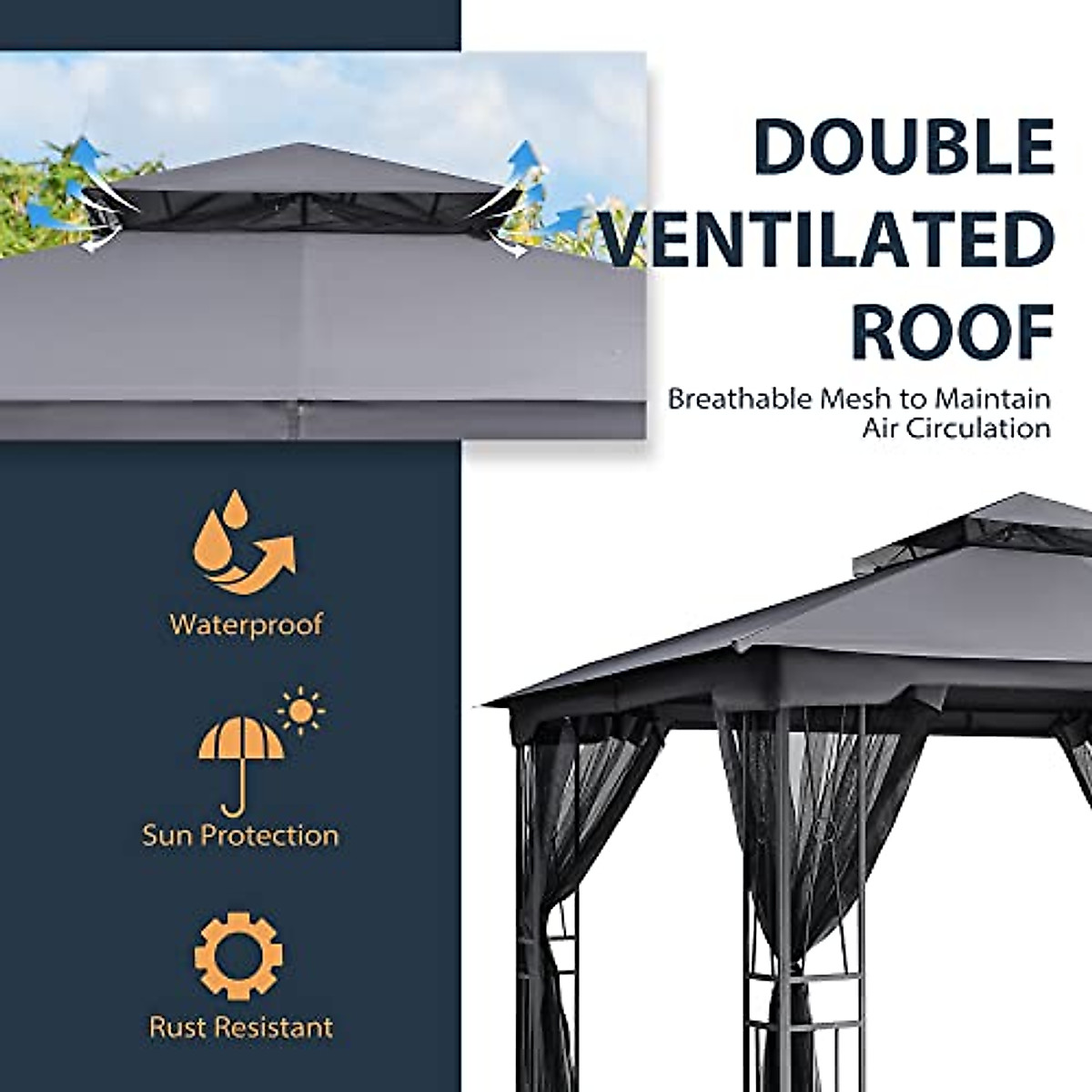 HAPPATIO 10' X 12' Outdoor Patio Gazebo, Outdoor Canopy Gazebo for Garden,Yard,Patio with Ventilation Double Roof with Mosquito Netting,Gray