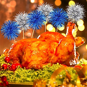 Chinco 100 Pcs Foil Firework Cupcake Toppers Sparkle Tinsel Cake Toppers Cake Decoration Cocktail Fruit Toothpick for Birthday Wedding Graduation Party(Silver, Blue)