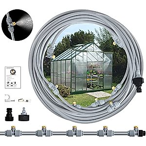 Misting Cooling System, Outdoor Misting Watering System, 50 FT Mist Hose + 10 Brass Misting Nozzles, Mister for Trampoline Greenhouse Umbrella Canopy Porch and Fan