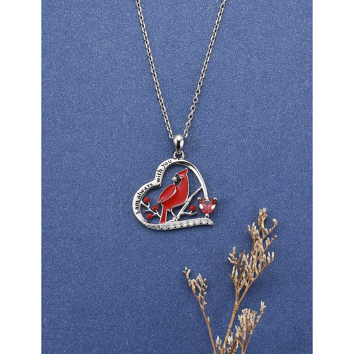 Red Cardinal Necklace 925 Sterling Silver I am Always With You Memorial Pendant Jewelry Gifts for Women (01 Red Heart Cardinal)