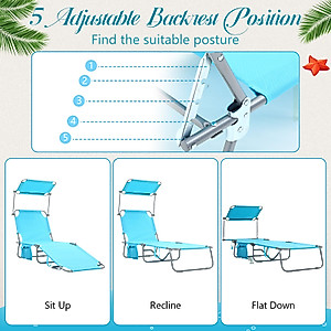 Wenqik 2 Pcs Foldable Beach Lounge Chair with 360° Canopy Sun Shade, Side Pocket, Carry Handle Beach Sunbathing Recliner Tanning Chair 4 Position Adjustable Backrest for Outside, Patio, Poolside