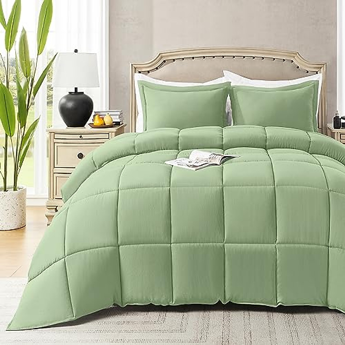 Wellsin Sage Green Comforter Set - Twin/Twin XL (66"x92") - 2 PCS All Season Soft Down Alternative Comforter & Pillow Sham for Girls/Boys/Adults