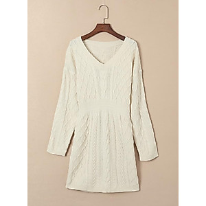 Dokotoo Women White Sweater Dress Long Sleeve V Neck Slim Fit Bodycon Sexy Dress Cable Knit Chunky Warm Winter Pullover Elegant Knitted Fall Jumper Sweaters Large