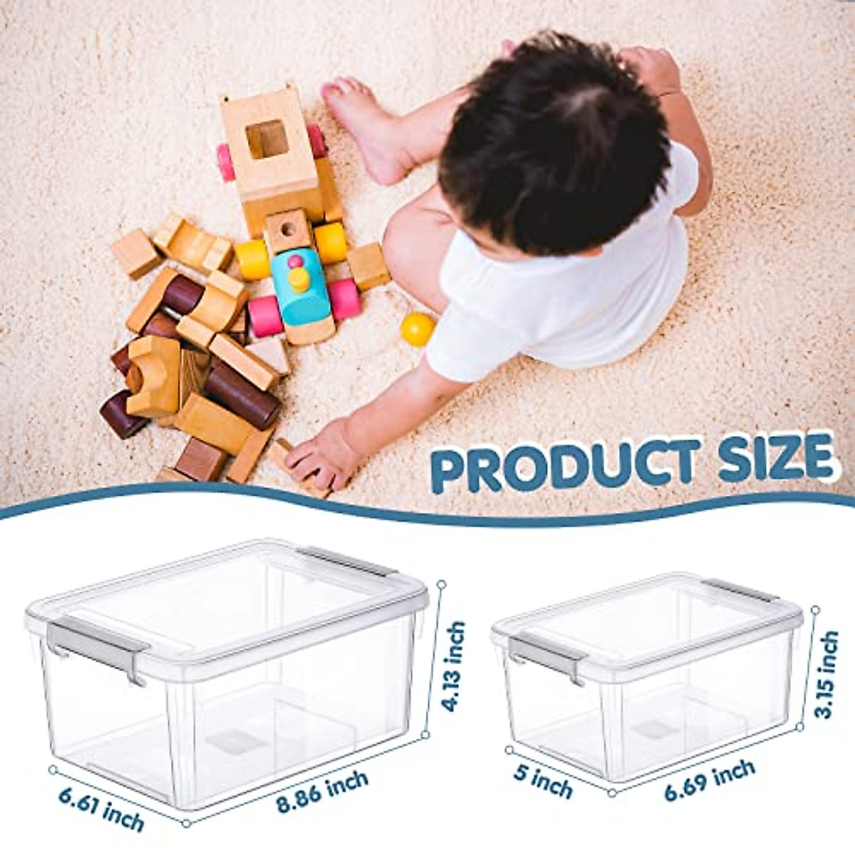 Tuanse 10 Pieces Storage Bins with Lids Bulk 3.2 Qt, 1.32 Qt Clear Small Plastic Storage Containers Stackable Boxes for Small Toy Bead Organizing