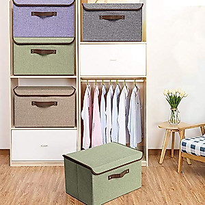 UUJOLY Large Storage Bins Linen Fabric Foldable Basket Cubes Organizer Storage Box Drawer with Lid and Handles for Home, Office, Closet, Bedroom, Nursery（(Green-2pcs)）