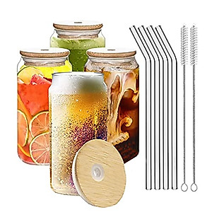 CAKRETY Glasses with Bamboo Lids and Glass Straw 4pcs Set, 16oz Can Shaped Glass Cups, Beer Glasses, Iced Coffee Glasses, Soda, Gift 2 Cleaning Brushes