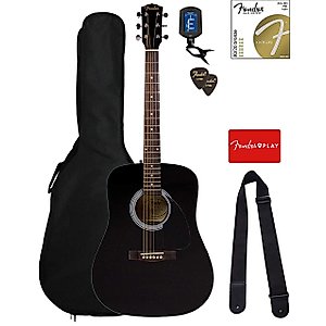 Fender FA-115 Dreadnought Acoustic Guitar - Black Bundle with Gig Bag, Tuner, Strings, Strap, Picks, and Fender Play Online Lessons