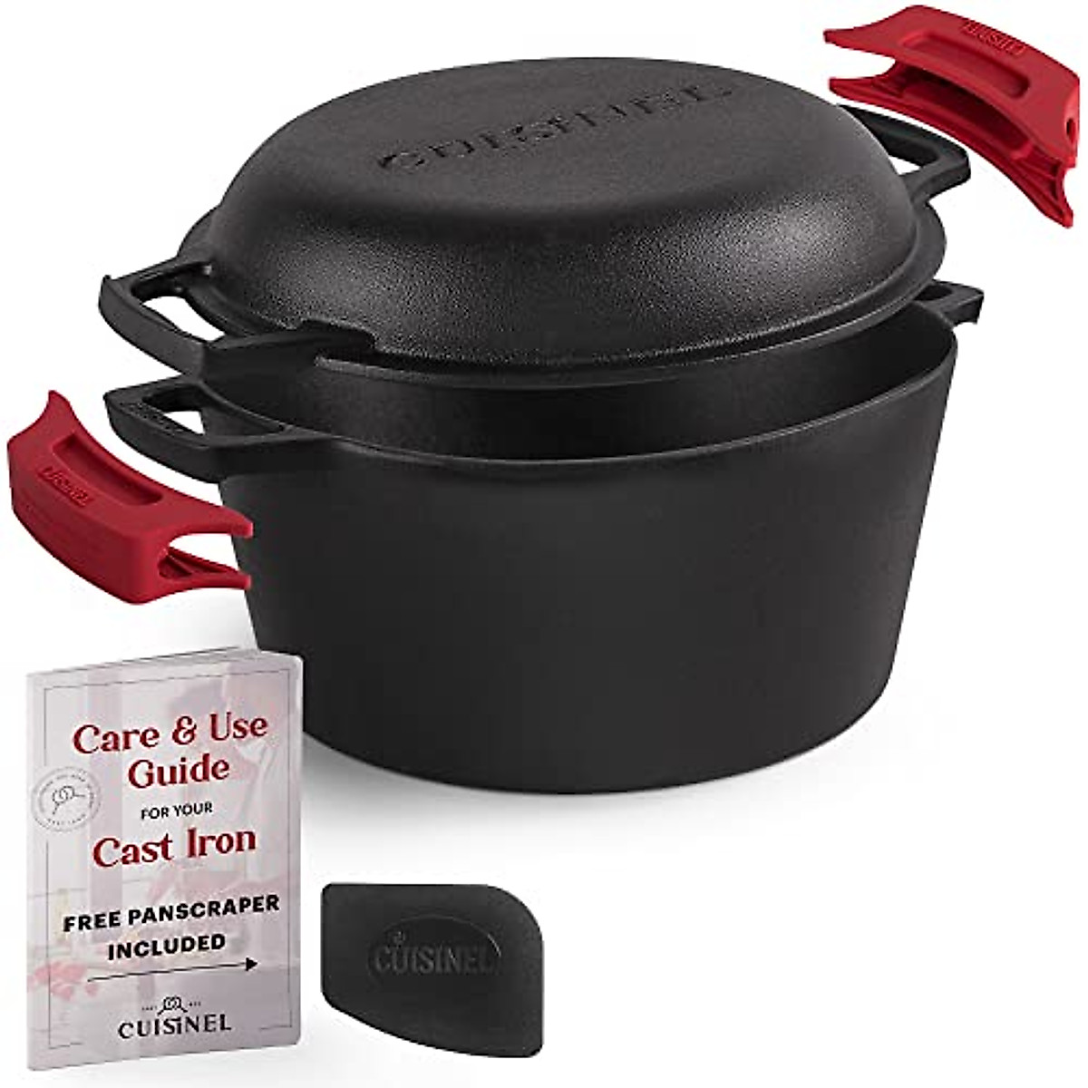 Cuisinel Cast Iron Dutch Oven - 5-Quart Deep Pot - Preseasoned 2-in-1 Multi-Cooker - Combo Lid Doubles as 10"-inch Skillet Frying Pan + Silicone Handle Covers + Scraper - Indoor/Outdoor Bread Cookware