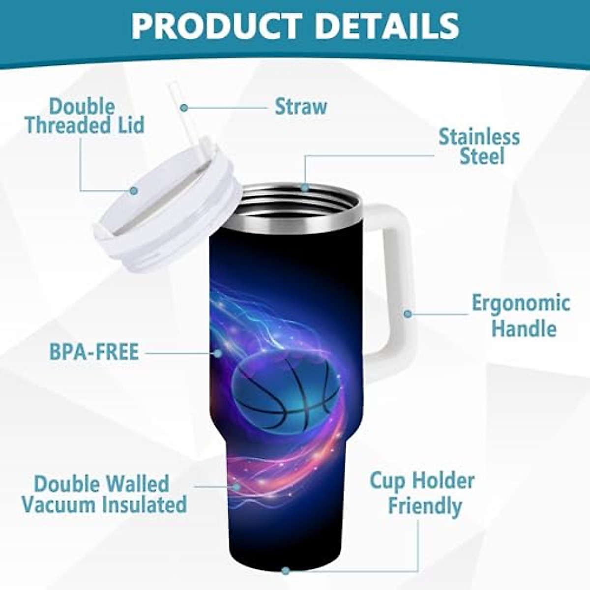 Caikeny Insulated Tumblers with Lid and Straw Basketball Ball 30 oz Reusable Stainless Steel Cup Flames Lights Water Bottle Coffee Travel Tumbler Mug for Women Men