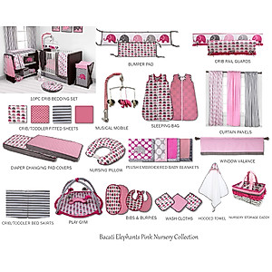 Bacati - 100% Cotton Percale Fabrics Nap Mat with Pillow for Toddler Girls, Measures 50 x 20 x 1.5 Inches, Ideal for Daycare and Preschool, BPA-Free (Elephants, Pink/Grey)