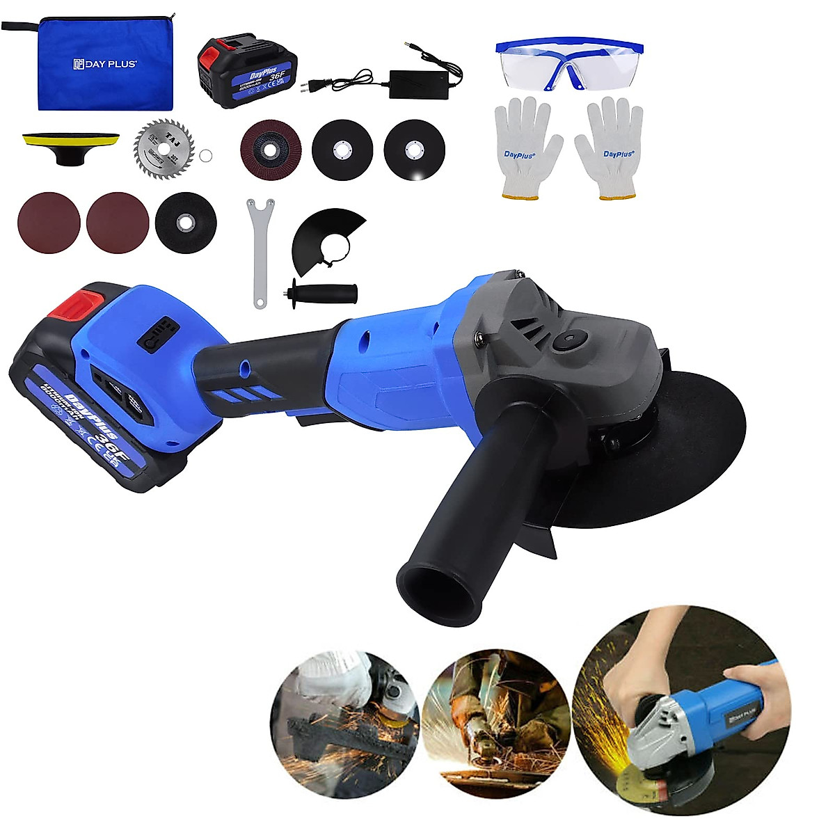 21V Cordless Angle Grinder Kit with 3.0Ah Battery & Charger, 10000RPM Power Angle Grinder with 2 Position Handle, Spanner, Grinding & Cutting Wheels, Flap Disc, Battery Grinder Tool for Metal Wood
